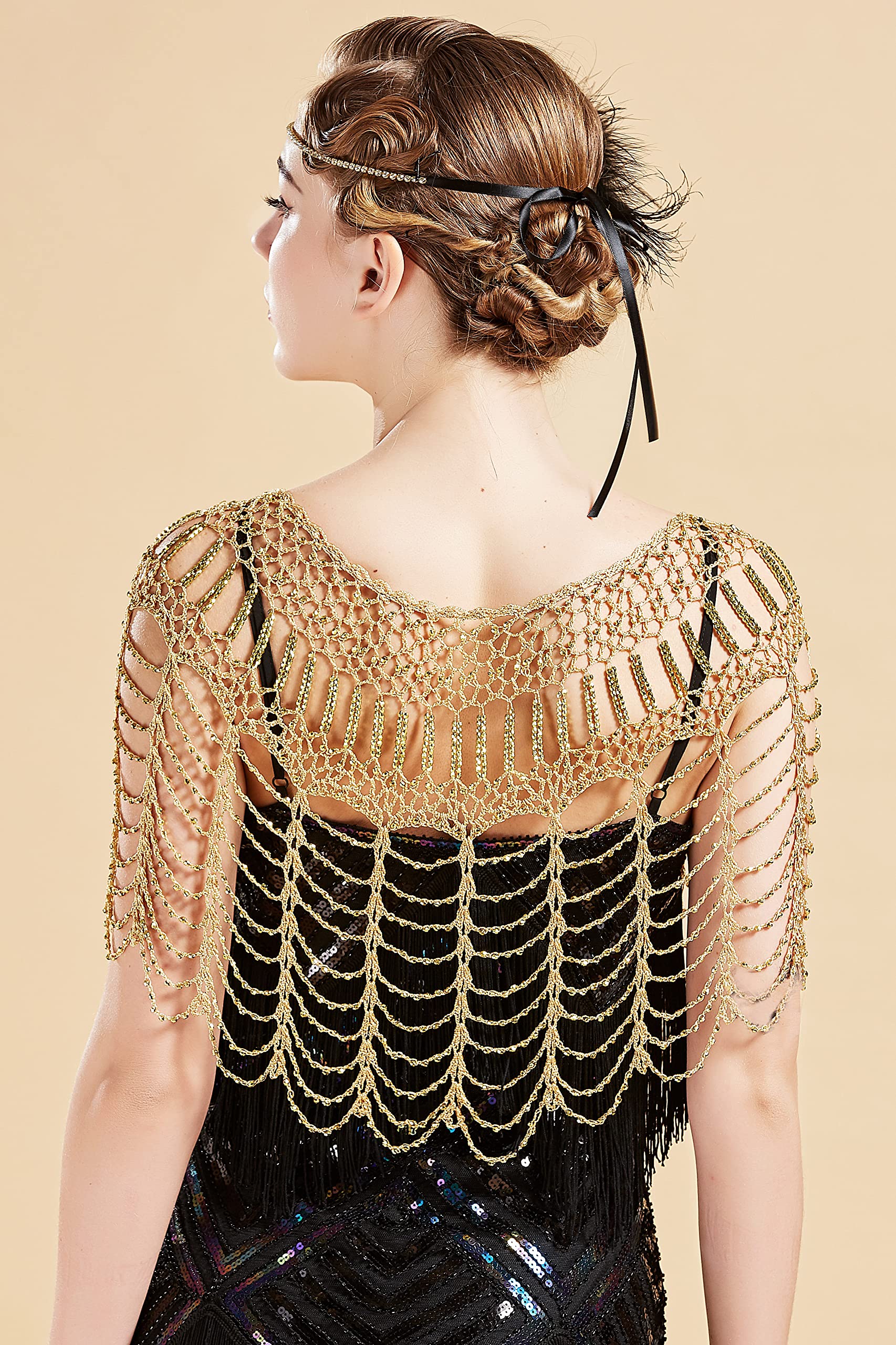 BABEYOND 1920s Shawl Wraps Gatsby Beaded Evening Cape Bridal Shawl Bolero Flapper Cover Up (Gold)