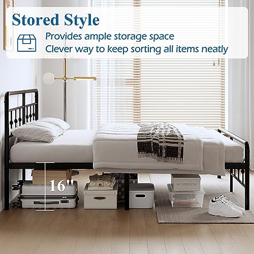 DiaOutro Classic Metal Platform Queen Bed Frame with Headboard and Footboard, 16 Inch No Box Spring Needed Heavy Duty Victorian Style Iron-Art Mattress Foundation/Under Bed Storage