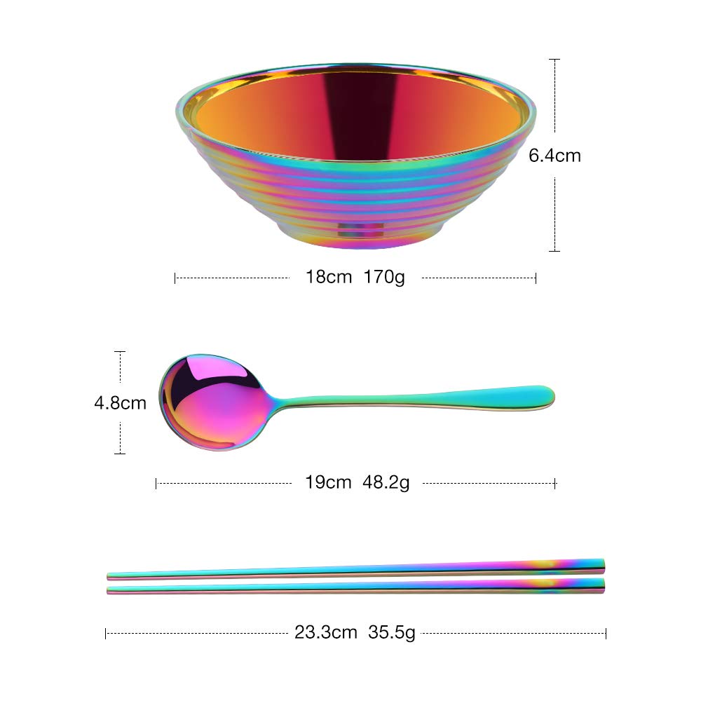 Buy THINGS! Ramen Noodle Soup Bowl,2 Sets Double Layer 18/8 Stainless Steel Bowl(7.09 inch), with Matching Spoon and Chopsticks (Rainbow)