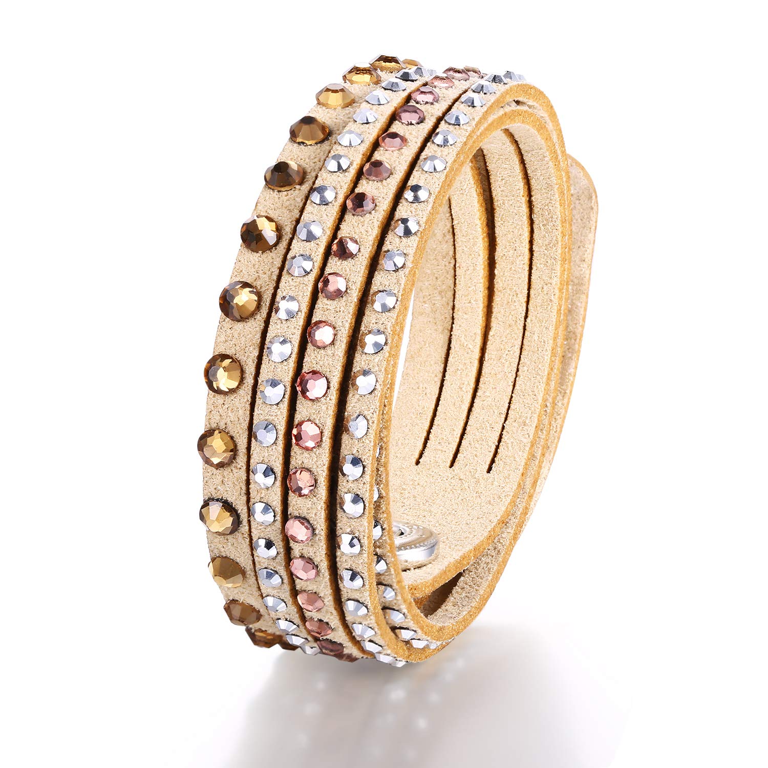 Barzel Leather Created Austrian Crystals Wrap Bracelets (Black with Black & White Stones)