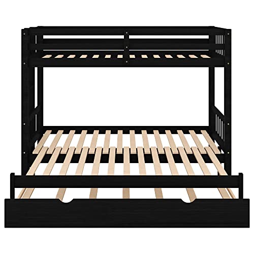 EMKK Twin Over Pull-Out Queen Full Bunk Bed with Trundle, Solid Wood BunkBed Frame with Ladder, Extendable Bunkbeds with Safety Rail for Kids Adults Teens, Espresso