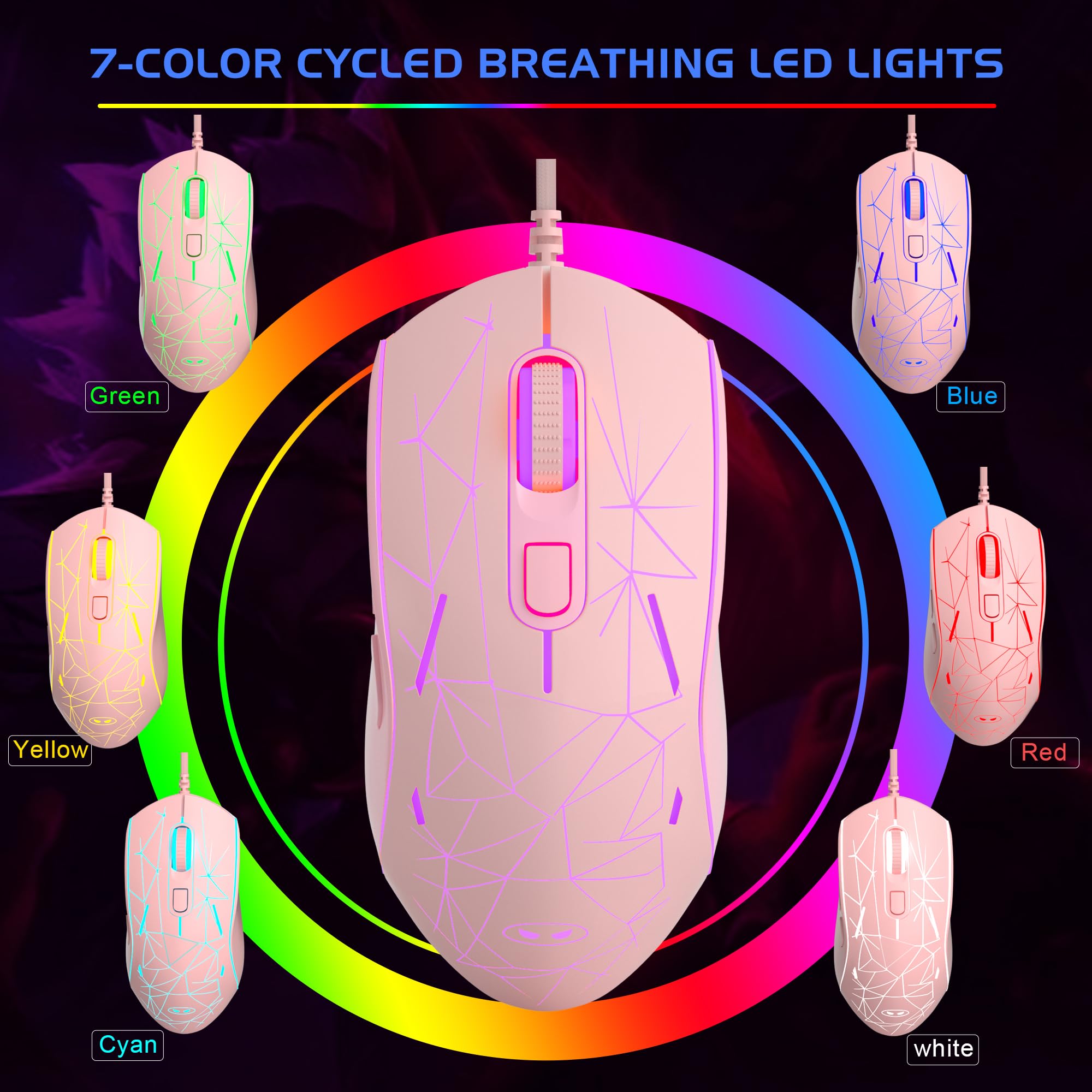 MageGee G6 Wired Gaming Mouse, Ergonomic USB Optical Mouse with 7 Colors Breathing LED Backlit, 6 Adjustable Speed Levels from 600 to 3200 for Laptop PC Computer Games & Work, Pink