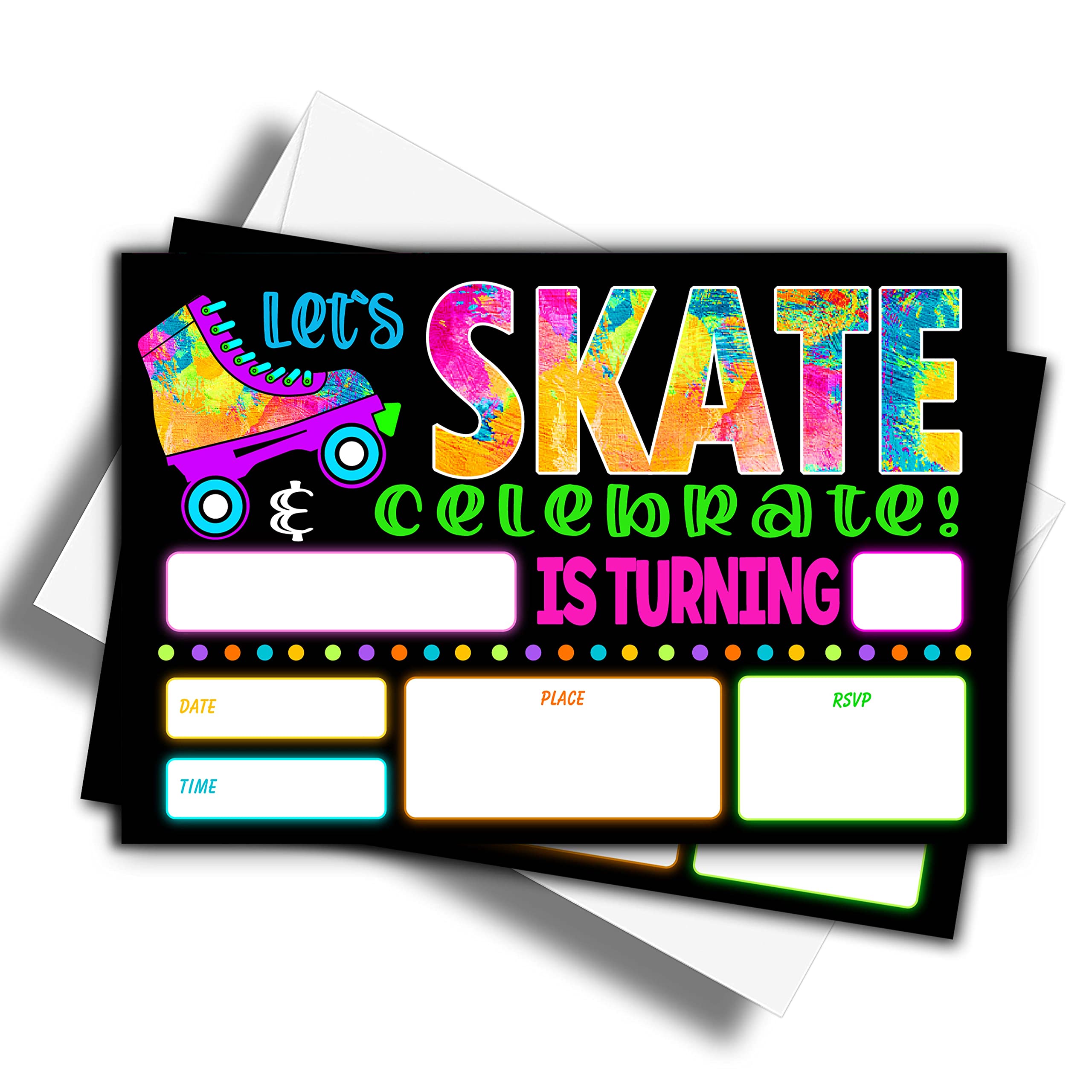 ONDTOM Tie Dye Roller Skating Birthday Party Invitations With Envelopes(4" x 6")- 20 Pack - Teenager Skate Party Invites-c19