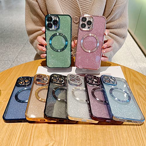 Eiyikof Compatible with iPhone 13 Pro Max Magnetic Case [Compatible with MagSafe] with Camera Lens Protector, Luxury Plating Cute Glitter Bling Clear Case for Women Girls Soft TPU Cover（Purple）