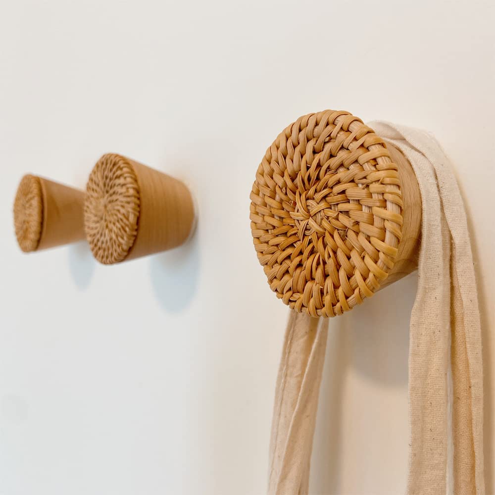Bohoify 3pc Boho Rattan Wicker Woven Wood Wall Hooks, Handmade Wall Mounts, Rustic Wooden Hook for Hats, Scarfs, Bags, Decorative Home Decor Bathroom Clothes Hanger Organizer (50mm x 35mm, Caramel)