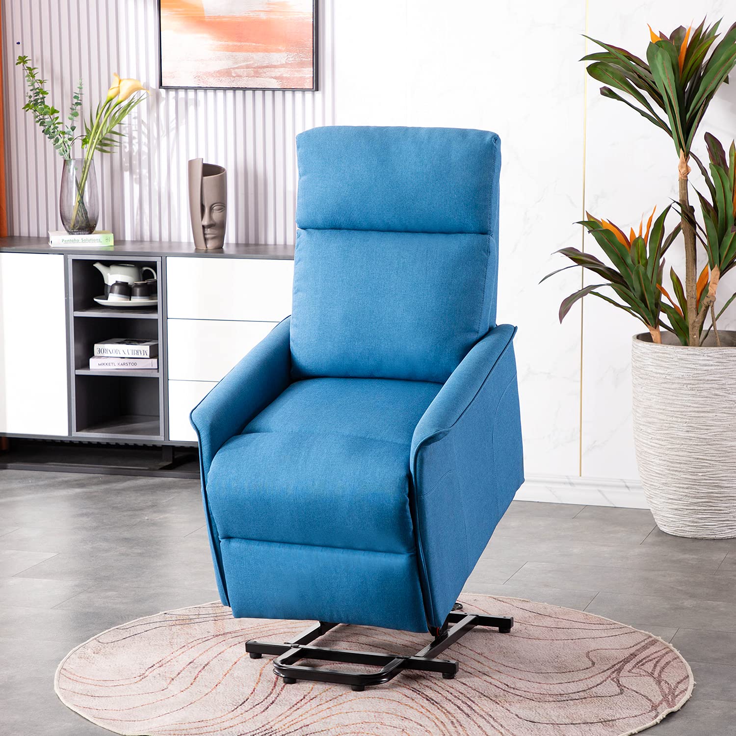 MELLCOM Power Lift Recliner Chair Sofa for Elderly with Massage and Heat, Fabric Electric Massage Recliner with Side Pocket and Wired Remote Control, Linen Blue