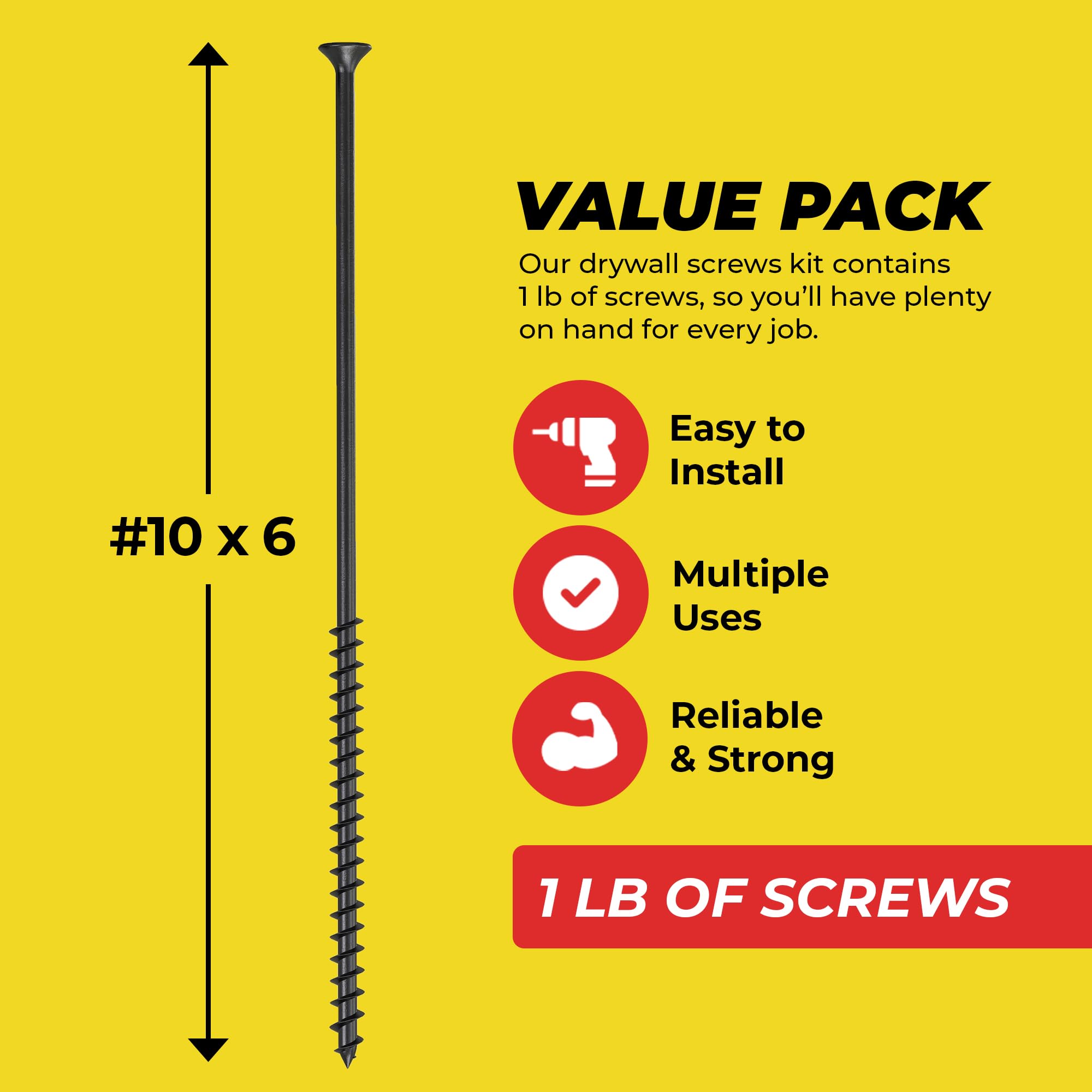 Qualihome #10 Coarse Thread Sharp Point Drywall Screw with Phillips Drive #2 Bugle Head, 1 Lb/Pound, Black, Ideal Screw for Drywall Sheetrock, Wood and More (6 Inch)
