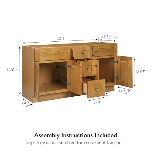 Design House Brookings 60 Inch Bathroom Vanity, Ready to Assemble, Modern Birch, 599019-MBH