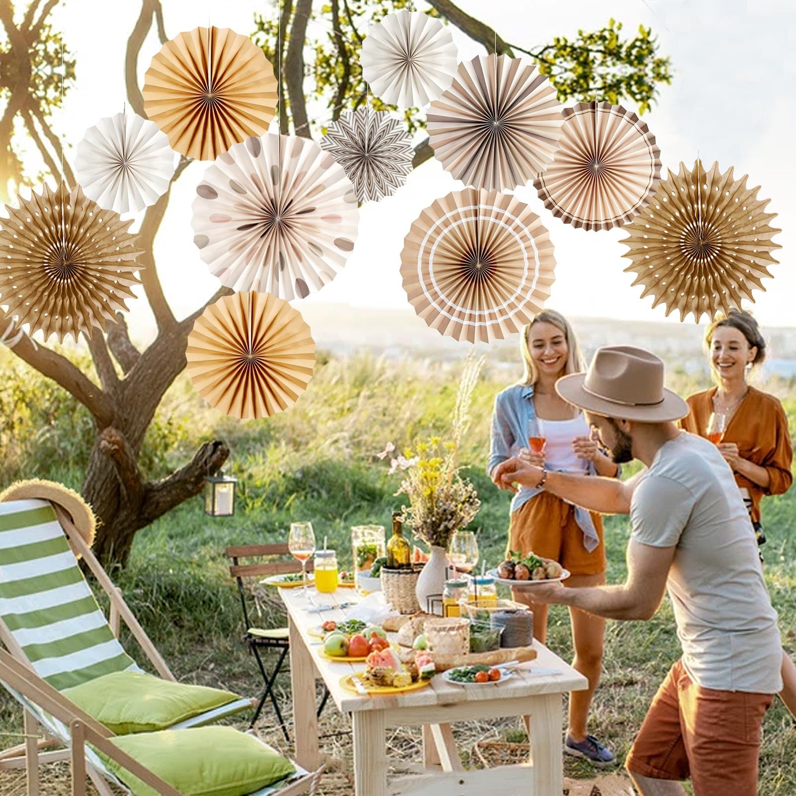 Easy Joy Boho Hanging Paper Fans White Brown Champagne Party Decorations Neutral Rustic Paper Fans Classroom Decoration for Baby Shower Birthday Wedding Bridal Party