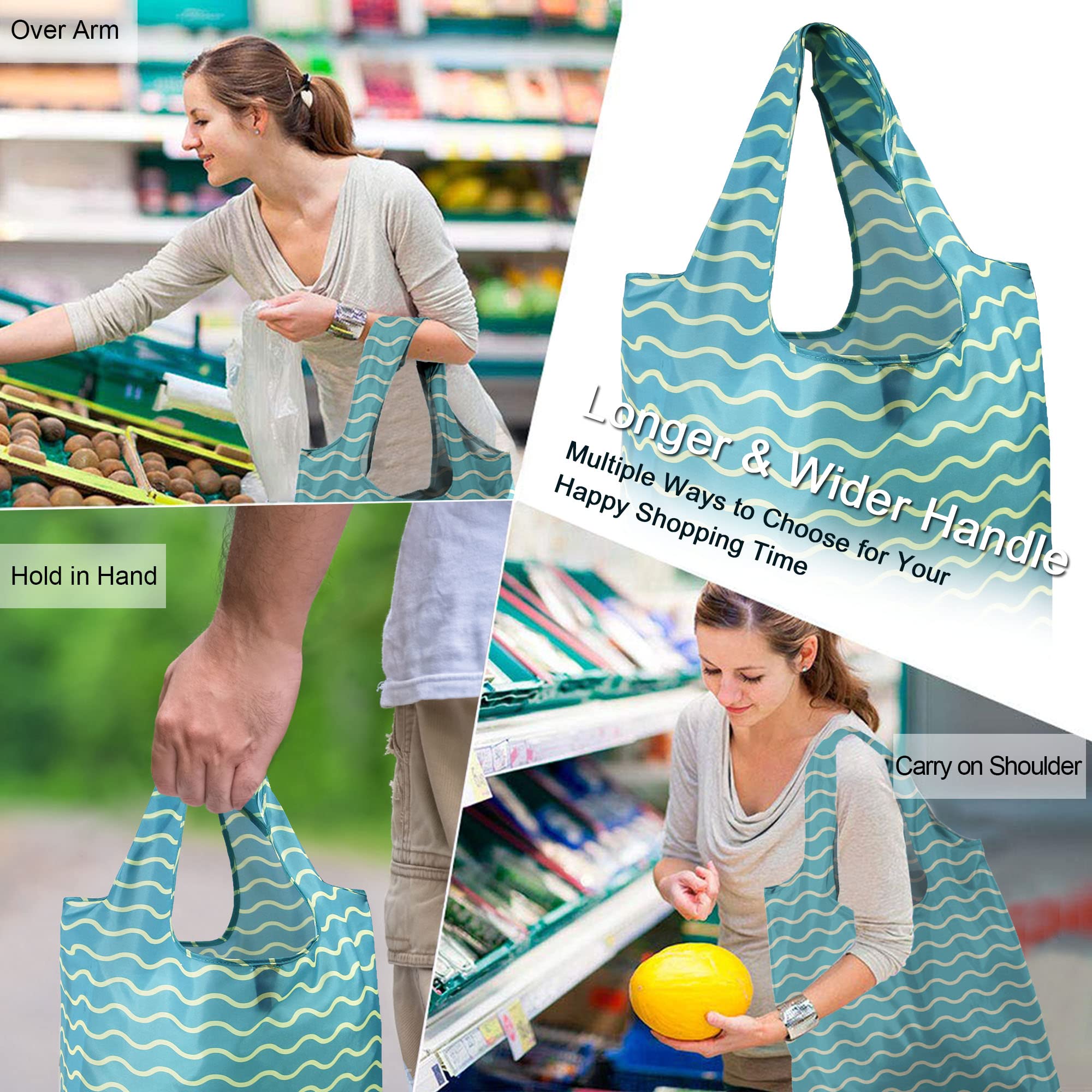 BeeGreen 12 Pack Reusable Shopping Bags with Storage Pouch & Elastic Band Geometric Reusable Grocery Bags Bulk 50LBS X-Large Foldable Machine Washable Heavy Duty Eco Tote Bags Recyling Bags w Handle