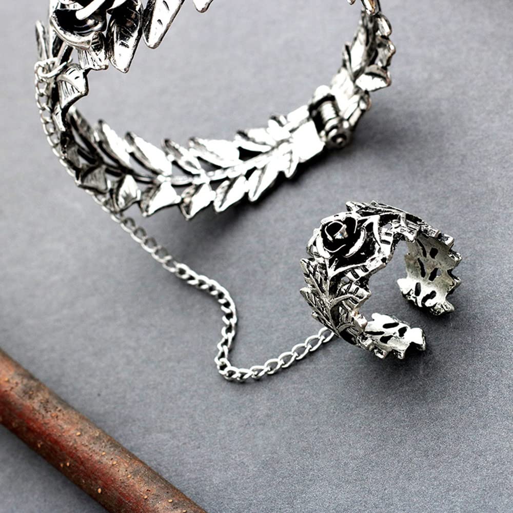 Asphire Gothic Leaf Vine Bracelet with Finger Ring Retro Silver Rose Slave Bracelet Punk Hip Hop Hand Finger Chain Harness Bracelet Jewelry for Women