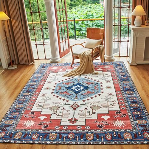 CHOSHOME Washable Rug - 5x7 Vintage Medallion Area Rugs with Non-Slip Backing Soft Stain Resistant Non-Shedding Low-Pile Floor Carpet Mat for Living Room Bedroom Kitchen Home Office,Red
