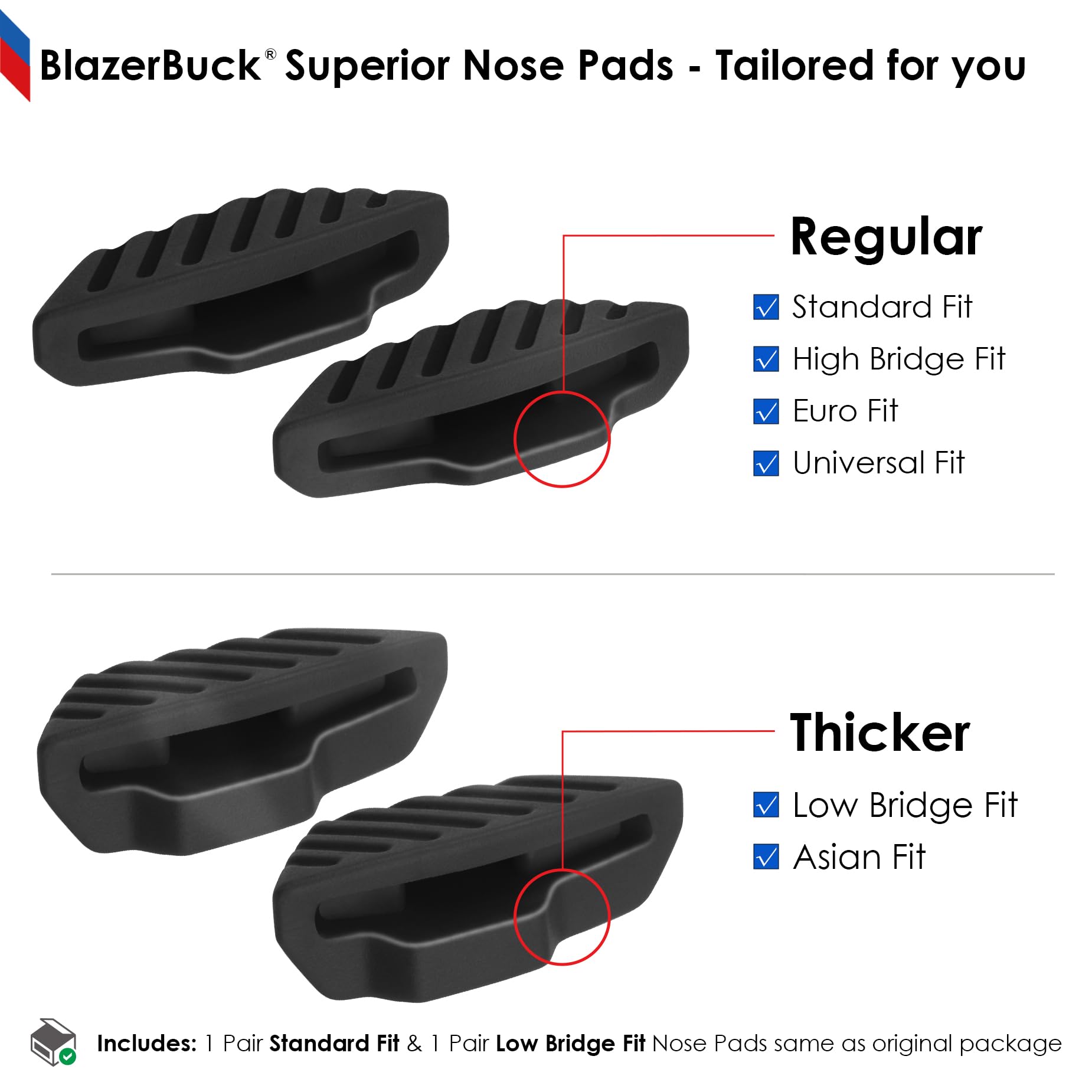 BLAZERBUCK Replacement Nose Pads Nose Piece for Oakley Mercenary OO9424 Sunglasses - Standard Black + Low Bridge Black