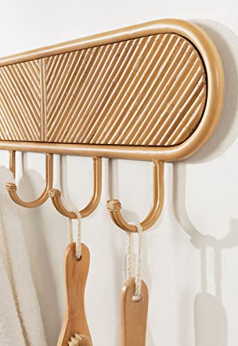 Kate and Laurel Tioga Boho Rattan Wall Mounted Coat Rack, 20 x 3 x 8, Natural Wood, Five Decorative Coat Hooks and Hat Rack with Trendy Rattan Wrapped Capsule Base for Boho Wall Decor