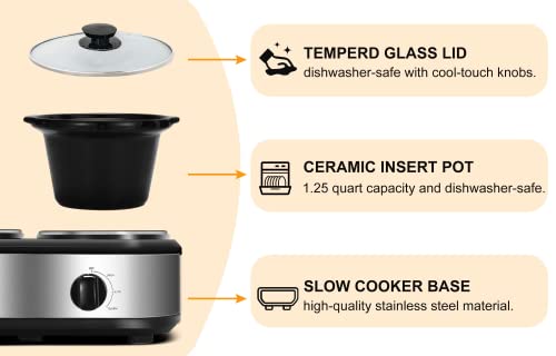 Dual Slow Cooker, Buffet Servers and Warmers with 2 X 1.25Qt, Tempered glass lids and Lid Rests, 3 Adjustable Temp, Stainless Steel