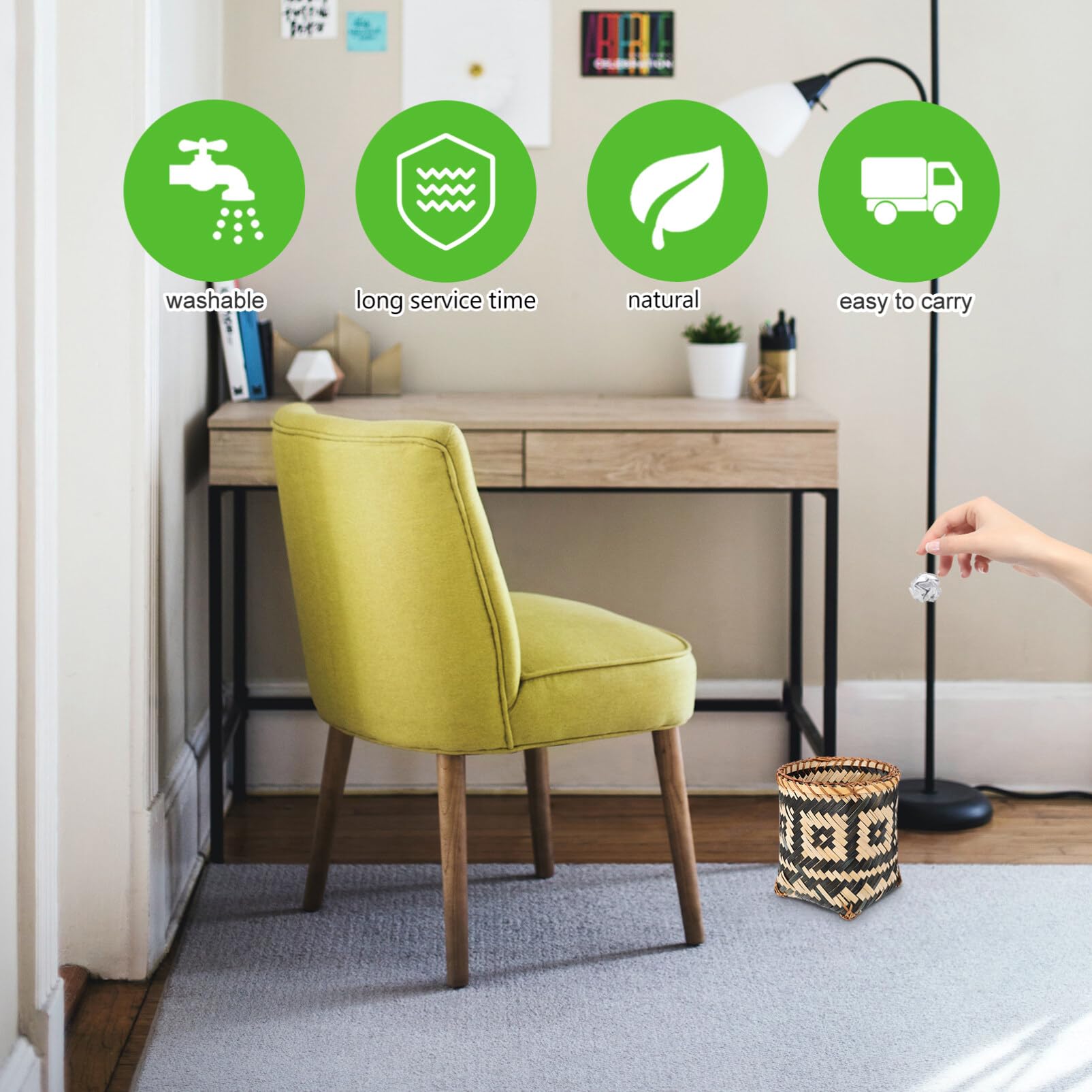 DEARMAMY Bamboo Woven Trash Can, Rattan Garbage Bin Wicker Laundry Basket Round Waste Basket Rubbish Storage Container Waste Paper Bin Plant Flower Pot for Under Desk Office