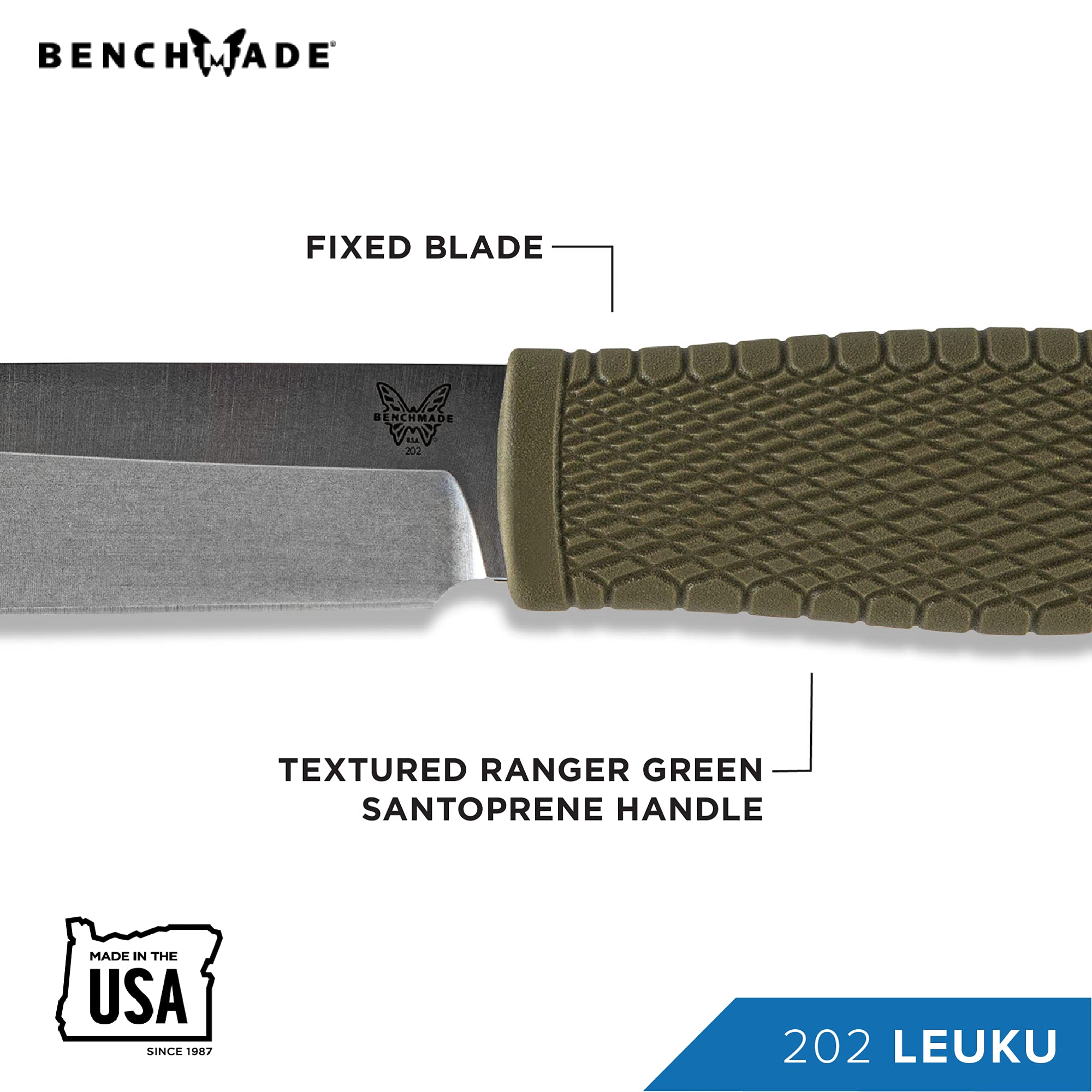 Benchmade - 202 Leuku Knife, Drop Point Blade, Plain Edge, Ranger Green Santoprene Handle