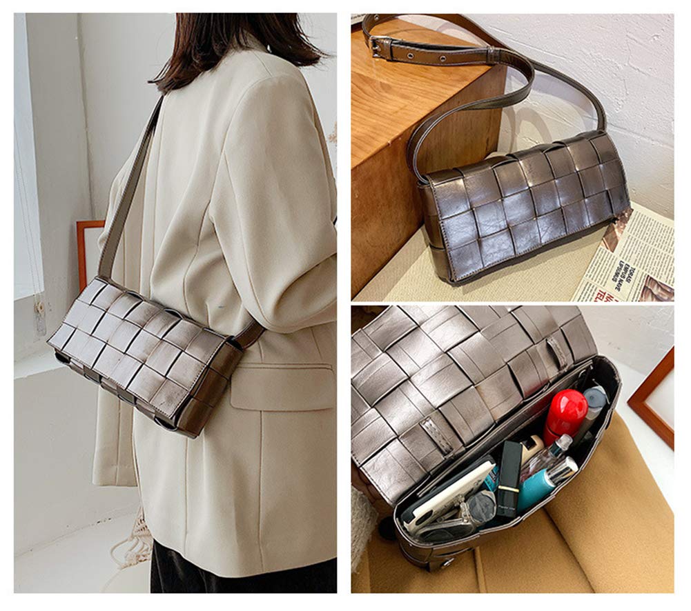 Santwo Women Leather Adjustable Strap Shoulder Bag Mini Small Weave Crossbody Handbag (Grey)