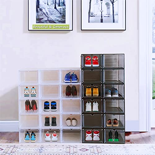 JECCICHY 6 Pack Shoe Organizer for Closet, Shoe Storage Container with Lids, Shoe Box Clear Plastic Stackable, Thick Hard Polypropylene, Drop Front Door, Within US Size 12, Large (Outside Size: 13.54βx 10.63βx 7.48β) (clear)
