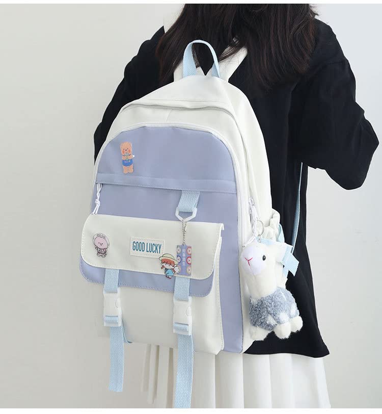 FORJMMP Aesthetic Backpack with Kawaii Accessories, Lightweight Casual Daypack for Women (White+Blue)