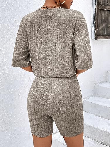 Ekouaer Pajamas 2 Piece Lounge Sets Ribbed Knit Matching Outfits T-shirt Biker Shorts Sleepwear Loungewear Sweatsuits Camel Medium