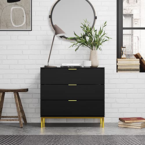 DiDuGo Black and Gold Nightstands Set of 2 Bedside Table 3 Drawer Dresser, Large Nightstand with Gold Metal Legs for Bedroom (31.5”w x 15.7”D x 29.7”H)