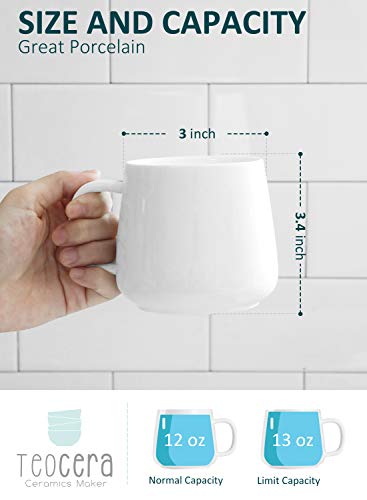 Porcelain Coffee Mugs Set of 4-12 Ounce Cups with Handle for Hot or Cold Drinks like Cocoa, Milk, Tea or Water - Smooth Ceramic with Modern Design, White