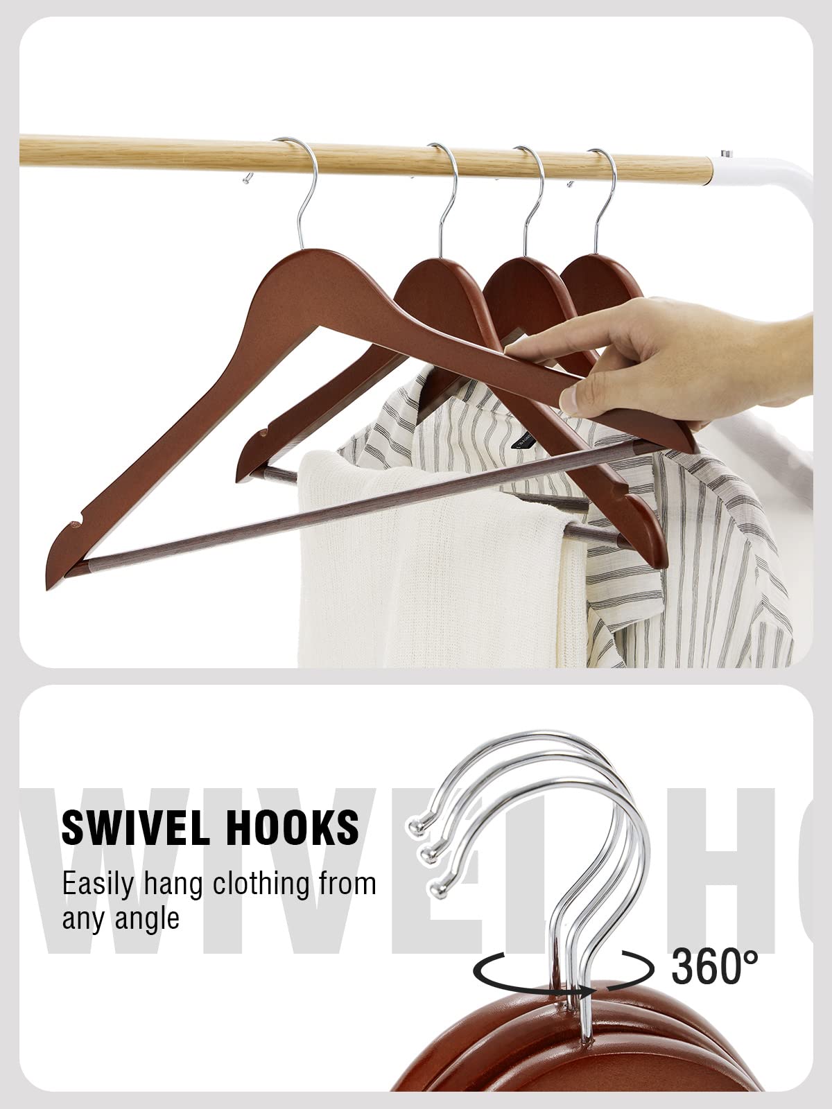 TECHMILLY Solid Natural Wooden Coat Hangers, 10 Pack Heavy Duty Smooth Finish Suit Hangers with Non-Slip Pant Bar, Precisely Cut Notches & Chrome Swivel Hook for Closet, Wardrobe