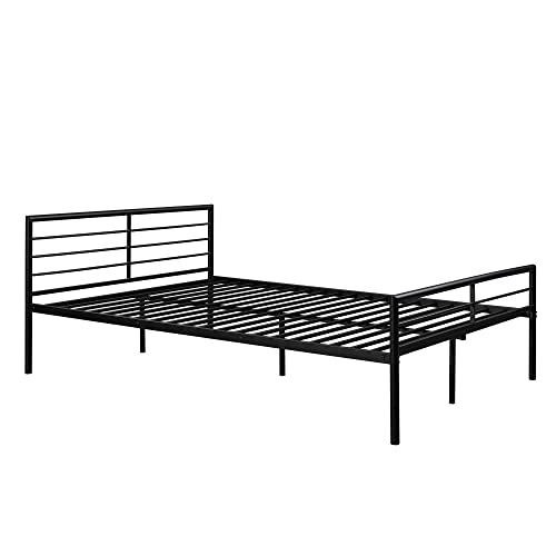 ATY Metal Bunk Beds Twin Over Full Size, L Shaped Steel Bedframe w/Desk & Built-in Ladder and Full-Length Guardrail, No Box Spring Needed, Black
