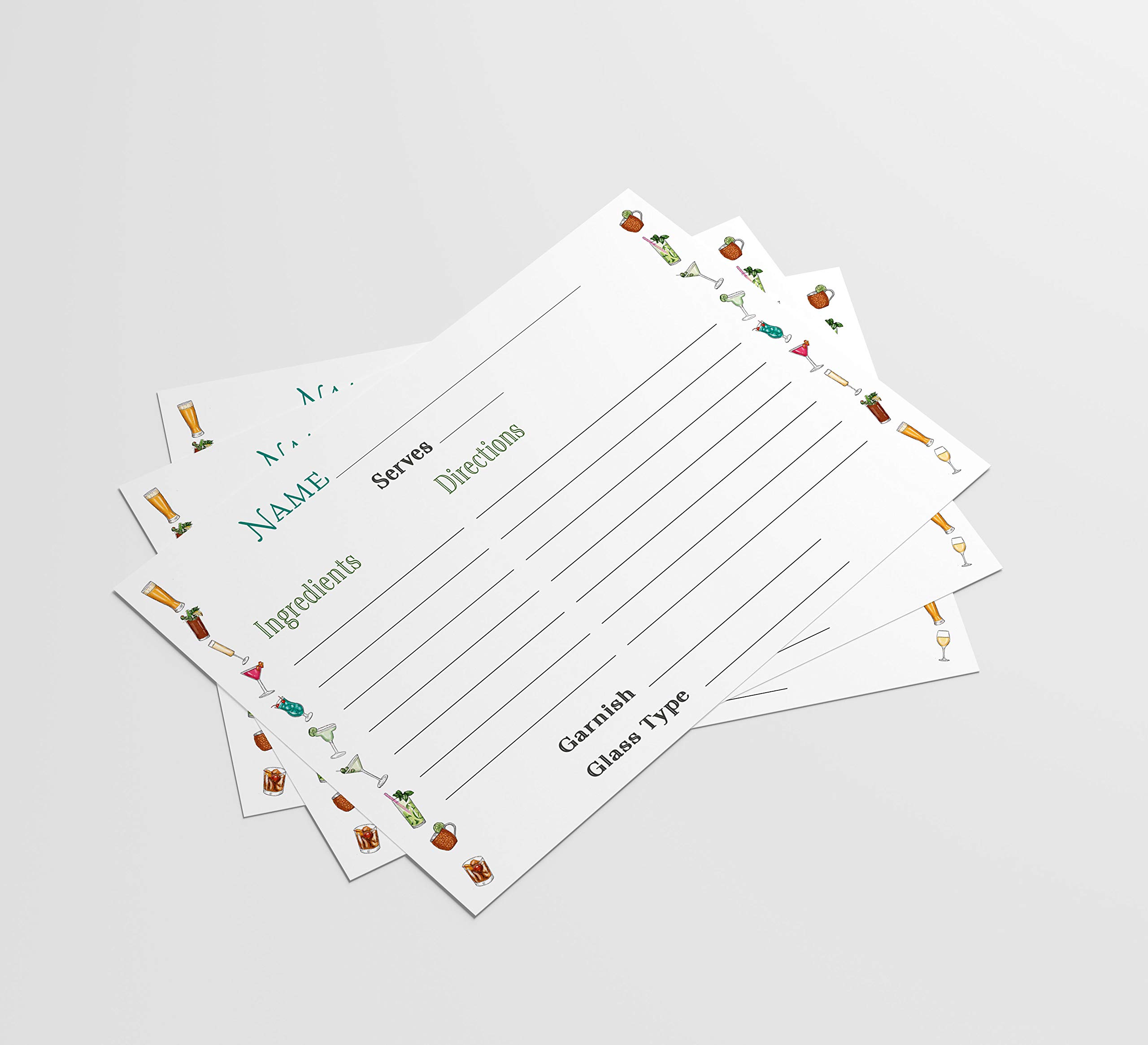 Cocktail Recipe Cards, 4x6 Inches, 50 Fill-in-the-Blank Cards for Recipe Box (Watercolor Border)