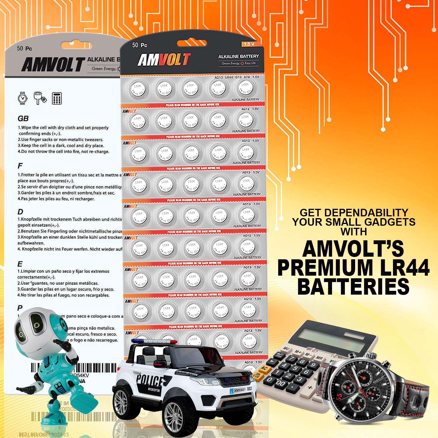 AmVolt 50 Pack LR44 AG13 SR44 357 303 LR44G Battery - [Ultra Power] Premium Alkaline 1.5 Volt Non Rechargeable Round Button Cell Batteries for Watches Clocks & Electronic Devices - 2029 Exp Date