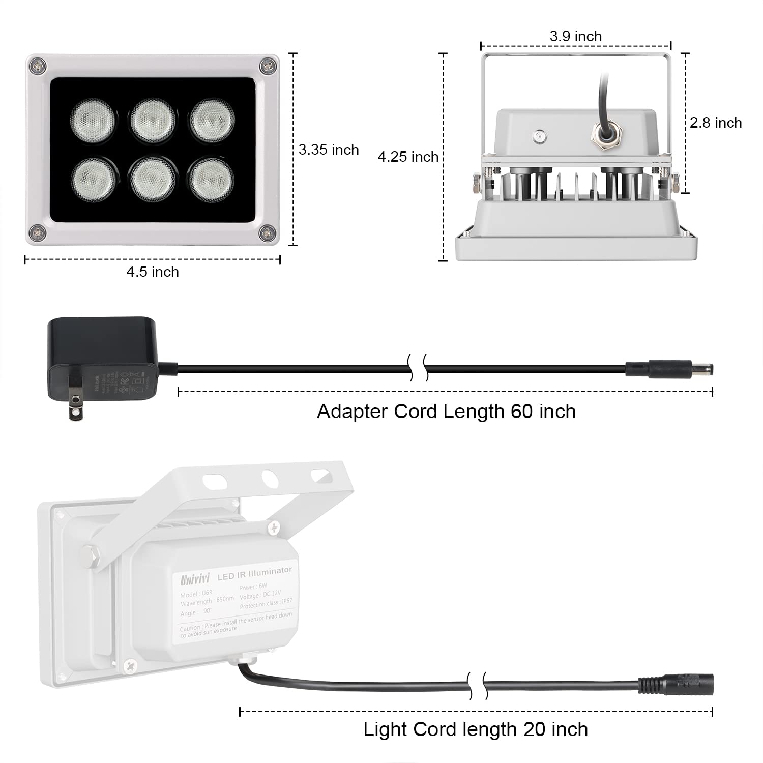 Univivi Infrared Illuminator, 850nm 6 LEDs 90 Degree Wide Angle IR Illuminator for Night Vision,Waterproof LED Infrared Light for IP Camera,CCTV Security Camera