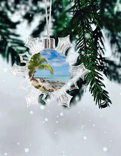 Christmas Snowflake Hanging Ornaments,Palm Tree Beach Sea Cloud Blue Sky Island Reef Stone Round Decorative Ornaments for Xmas Tree Home Party Holiday Decoration Supplies 3.3in,1 Piece