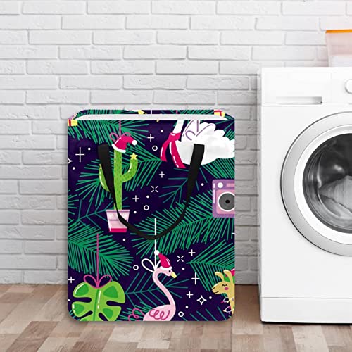 Christmas Hat Dinosaur Flamingo Unicorn Swan Cactus Print Collapsible Laundry Hamper, 60L Waterproof Laundry Baskets Washing Bin Clothes Toys Storage for Dorm Bathroom Bedroom