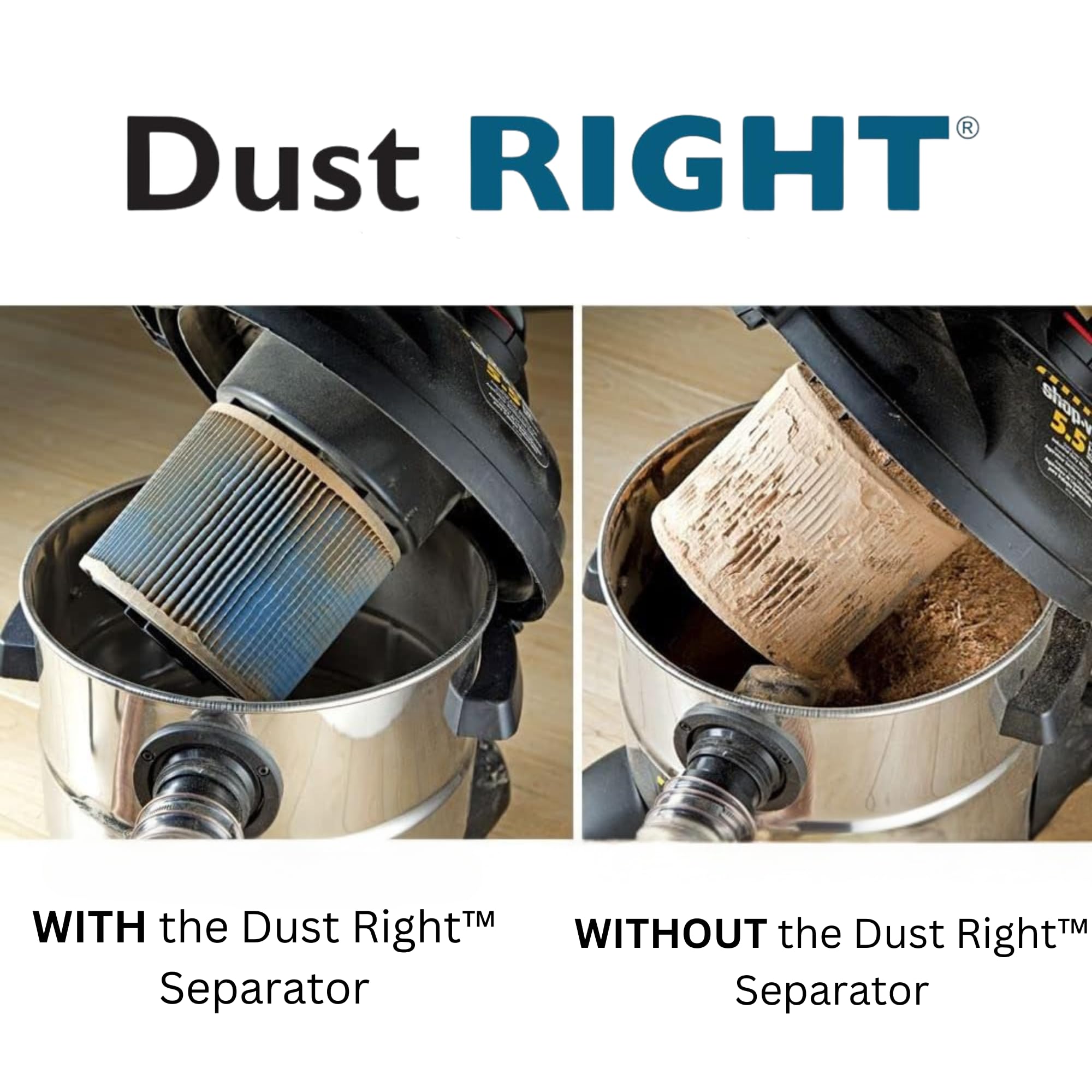Dust Right Dust Separator + 36” Flex-Form Hose - Cyclone Dust Collector Separates Sawdust, Wood Chips, Debris, and More – 10-Gallon Translucent Bucket - Dust Collectors for Woodworking for Shop Vacs