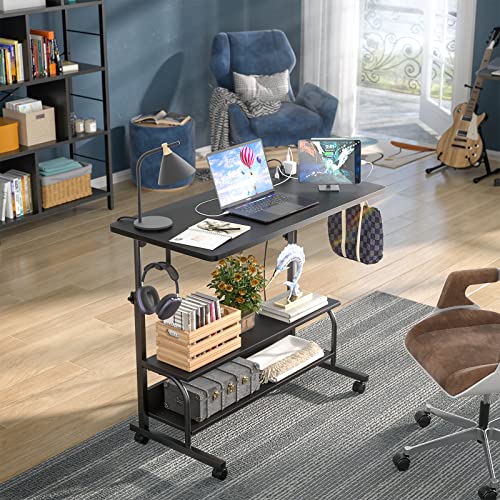 Height Adjustable Standing Desk with Power Outlets, 32" Manual Stand Up Desk with Storage Shelves Small Mobile Rolling Computer Desk Portable Laptop Table with Wheels for Home Office, Black