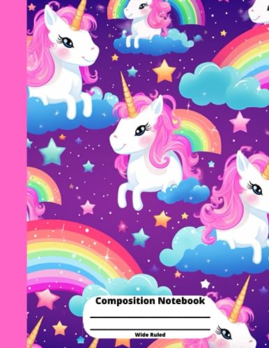 Composition Notebook Wide Ruled: Unicorn covered lined paper journal for school kids