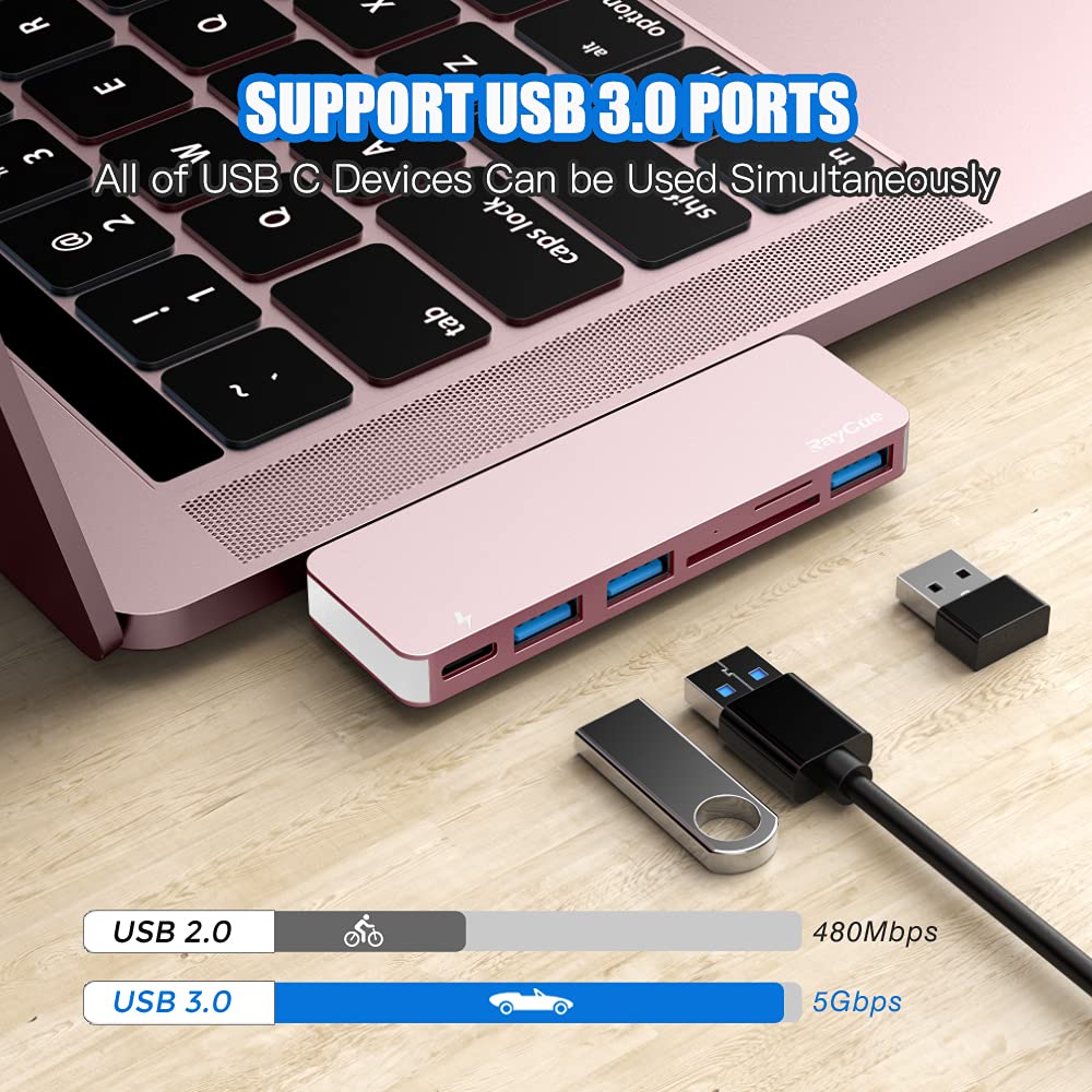RayCue USB C Hub Adapter for MacBook Pro/Air M1 M2 M3 2023-2016, 6 in-1 USB-C Accessories Compatible with MacBook Pro 13″ and 15″ with 3 USB 3.0 Ports, TF/SD Card Reader, USB-C Power Delivery (Pink)