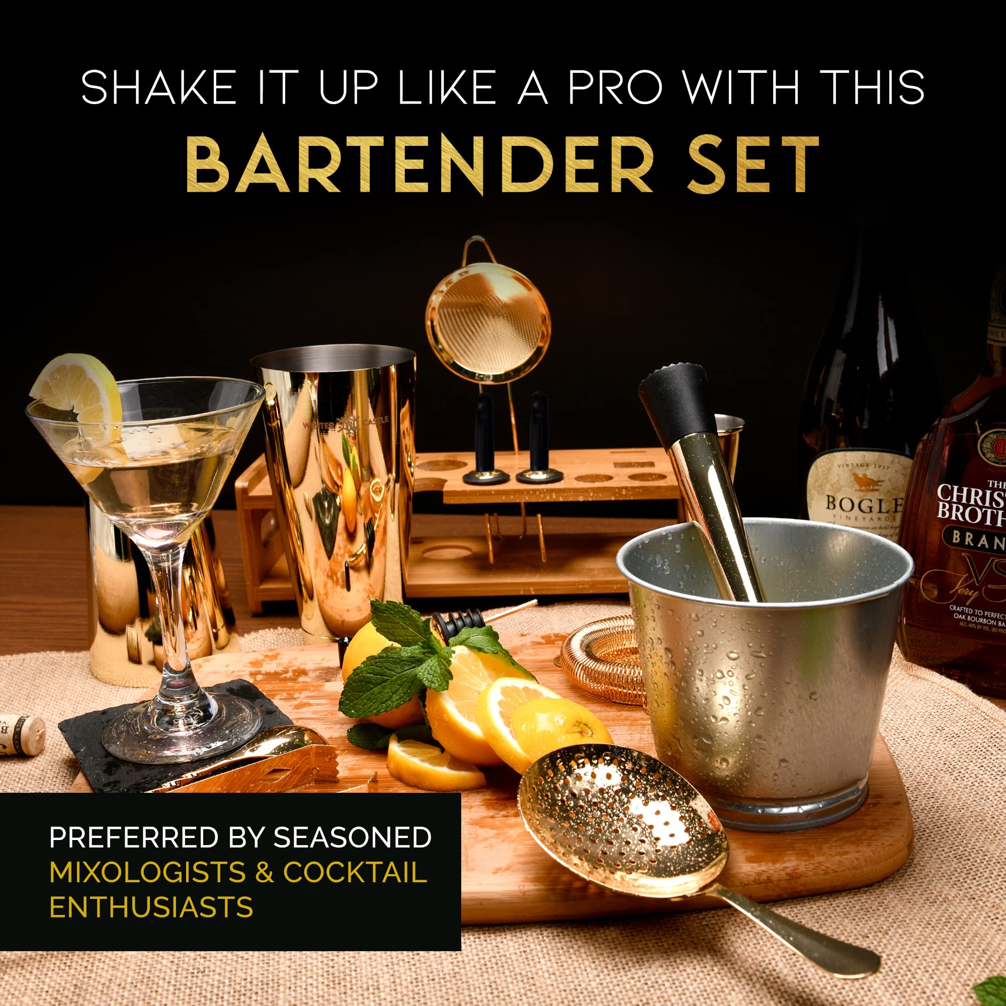Cocktail Shaker Set 18 Piece, Mixology Equipment, All-in-One Cocktail Set, Drink Shaker, Strainers and Essential Bar Tools, Bar Set for Beginner & Professional Use, Gold - WinterCastle Enterprises
