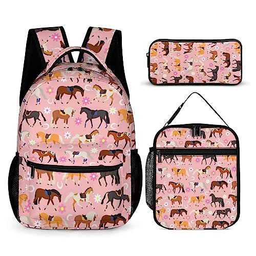 DTCCET 3PCS Cartoon Horse Backpack Set, Horse Laptop Bag Cute Shoulders Backpack with Lunch Bags, Horse Lovers Daypack(Horse)