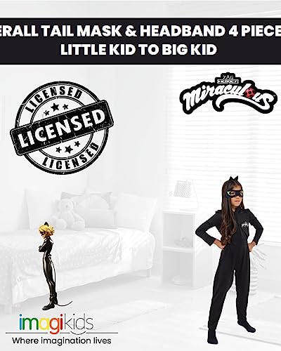 Miraculous Cat Noir Big Girls Zip Up Cosplay Costume Coverall Tail Mask and Headband 4 Piece Set Black 10-12