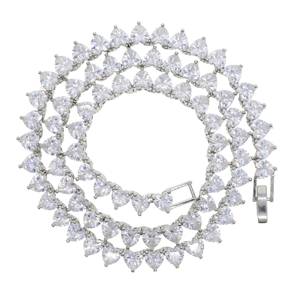 ATJMLADYJEWELRY Iced Out Bling 2022 Valentine's Day Gift Women Jewelry 5mm Heart Shaped Cubic Zirconia CZ Tennis Choker Necklace (Silver White), (R362)