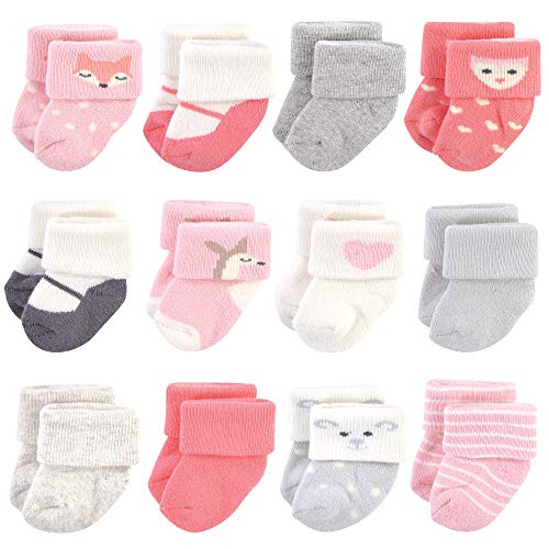 Hudson Baby Unisex Baby Cotton Rich Newborn and Terry Socks Girl Woodland, 0-3 Months