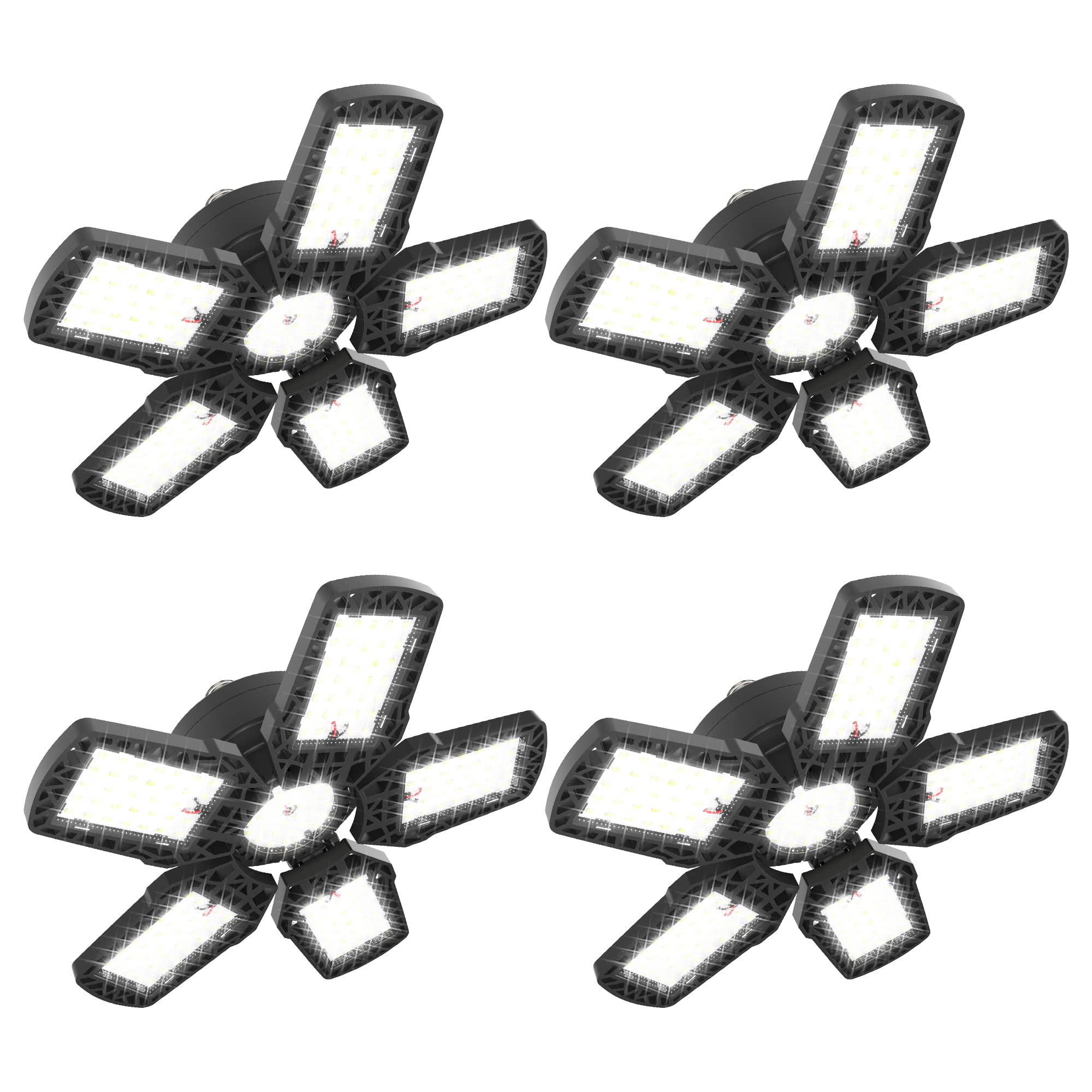SUNGDOGIN 4 Pack LED Garage Lights, 150W 15000LM 6500k Deformable LED Screw in Garage Ceiling Light with 5+1 Adjustable Panels for Garage, Workshop, Basement, Shop, Warehouse, E26/27