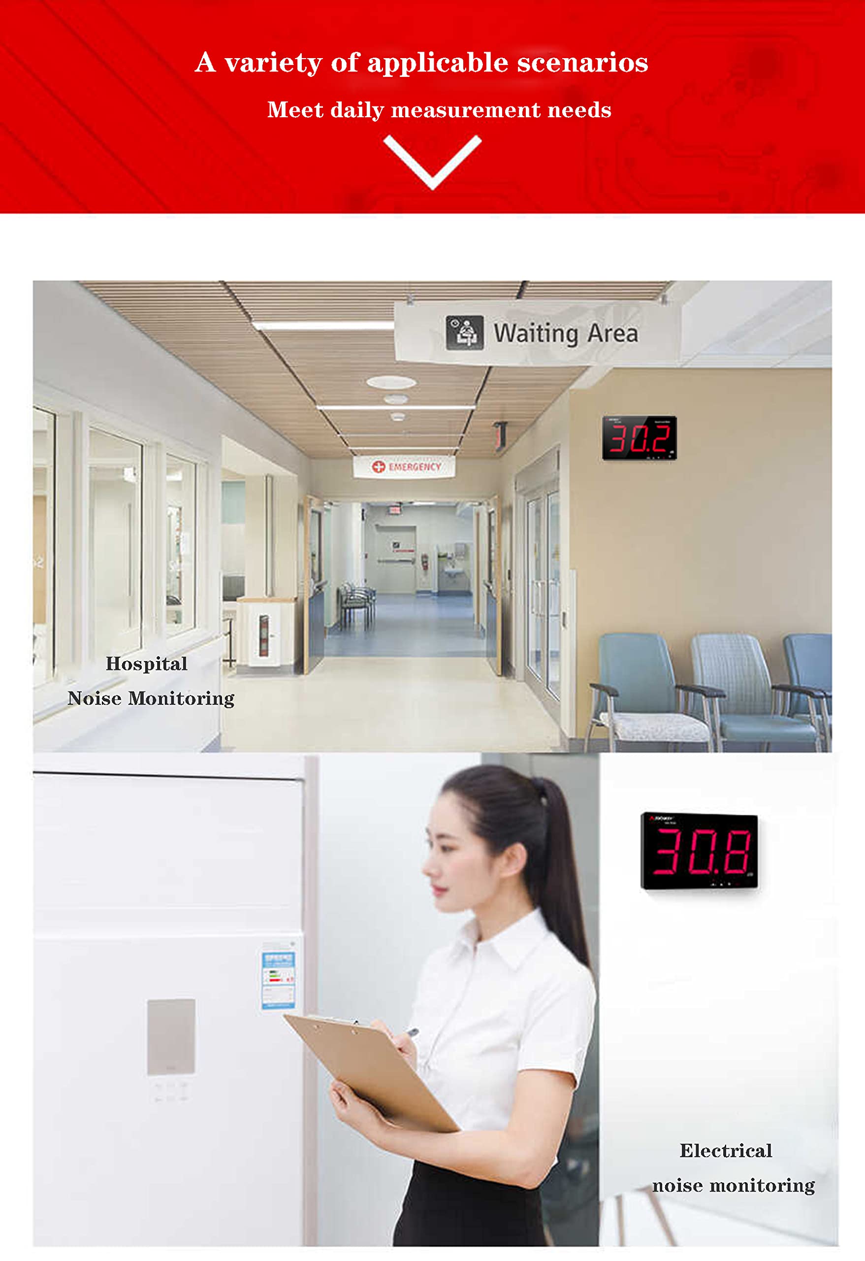 C-Zone SW-526A 30-130db Sound Level Meter Tester 18in Large Screen LCD Display Wall Hanging Type Decibel Noise Measuring with Alarm for Library/Hotel/Theater/Lobby