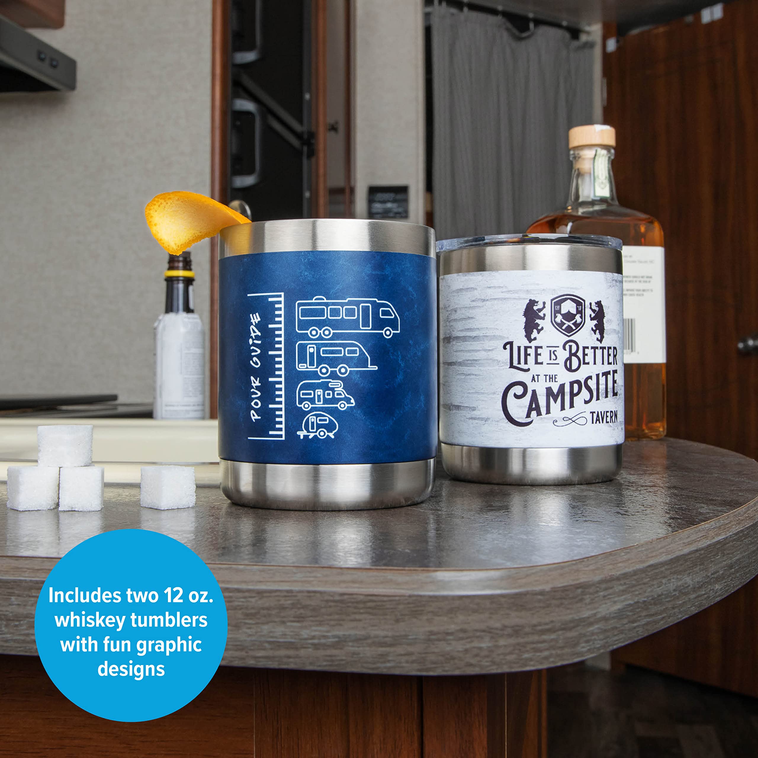 Camco Life is Better at The Campsite Lowball Whiskey Tumblers | Stylish and Insulated Drinkware for Favorite Whiskey or Bourbon | 2-Pack (53328)
