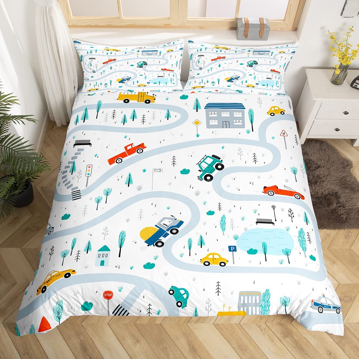 Cartoon Truck Bedding Set Full Size,Boys Road Traffic Themed Duvet Cover Set Car Vehicle Transport Comforter Cover 3pcs for Kids Teens Room Decor,Watercolor Tree White Quilt Cover,2 Pillowcases
