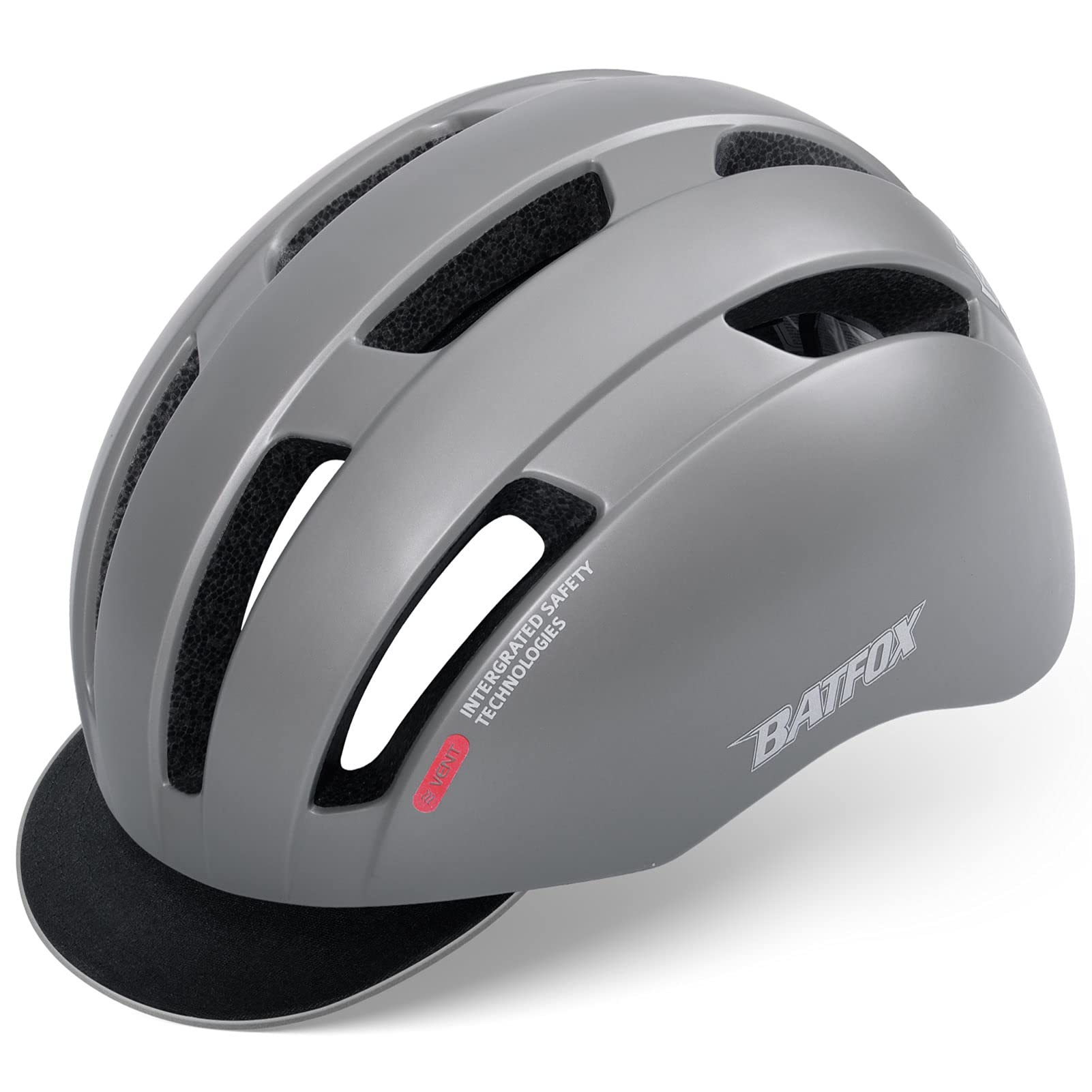BATFOX Bike Helmet Men Women Street Road Bicycle Helmets Cycling Adults with Rear Light Reflective Coat Sun Visor Anti-Scratch (Grey)