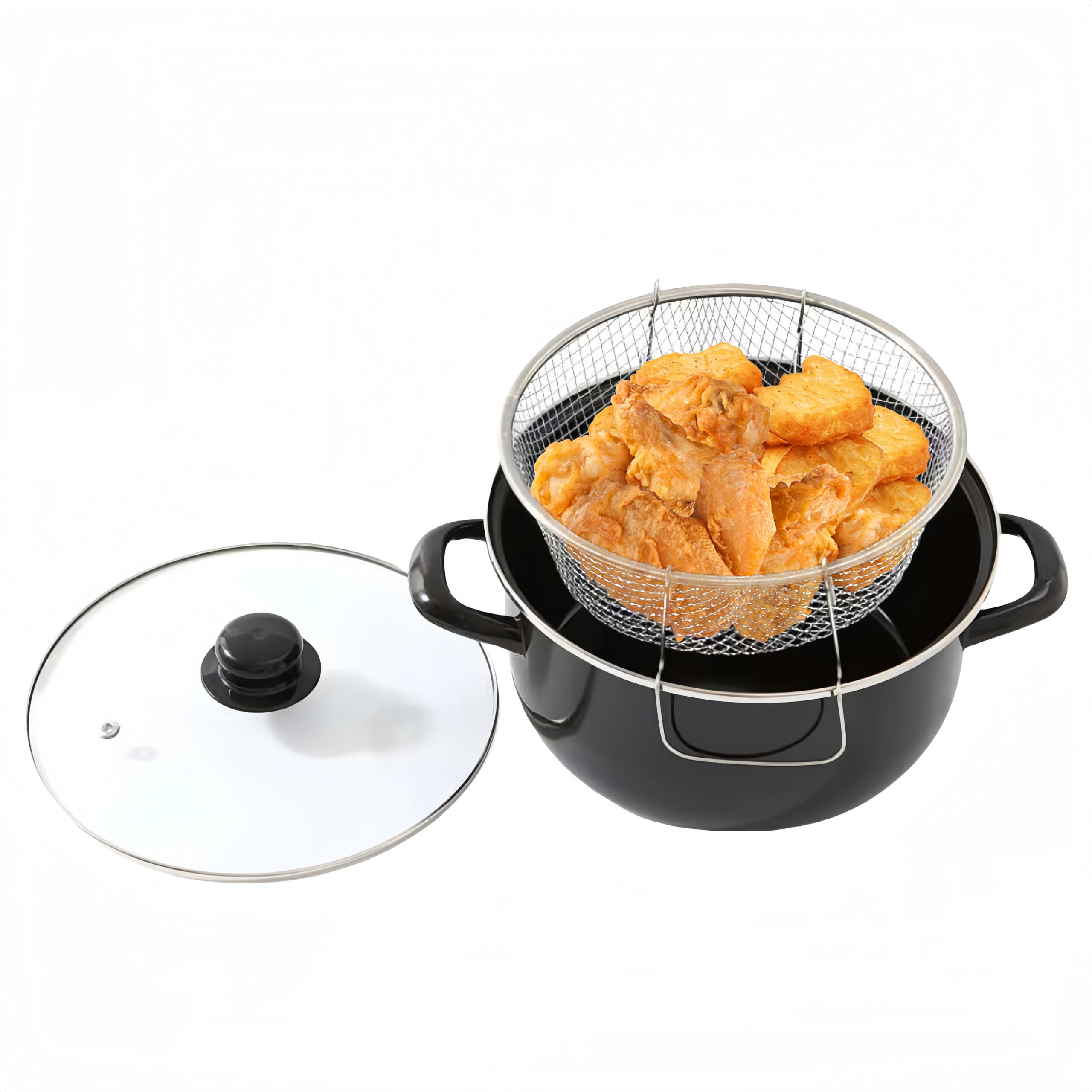 Deep fryer pot With Basket 4Quarts Enamel Stock Pot With Lid Sauce Pot Deep Fryer Pot Suitable Frying Fries,fish Cooking Soup Glass Glaze Easy to Clean High temperature resistance of 900 ° F