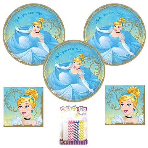 Disney Princess Cinderella Party Supplies Pack Serves 16: 9" Plates and Luncheon Napkins with Birthday Candles (Bundle for 16)
